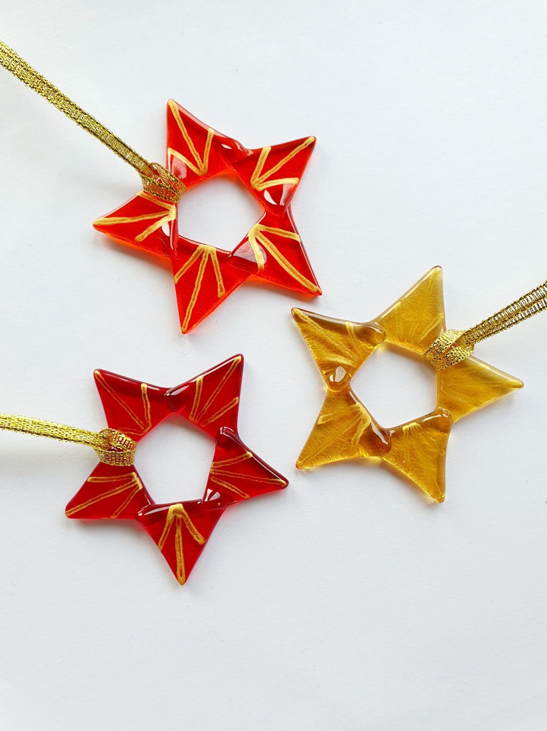 Fused Glass Christmas Stars: Hand-painted Gold Detail, Set of 3 - Etsy