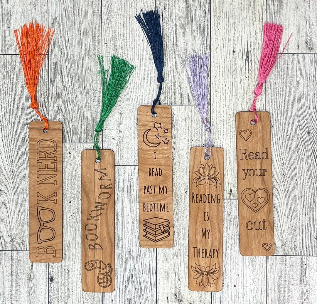 Set of 5 Cherry Wood Bookmarks, Laser Engraved With Tassels - Etsy UK