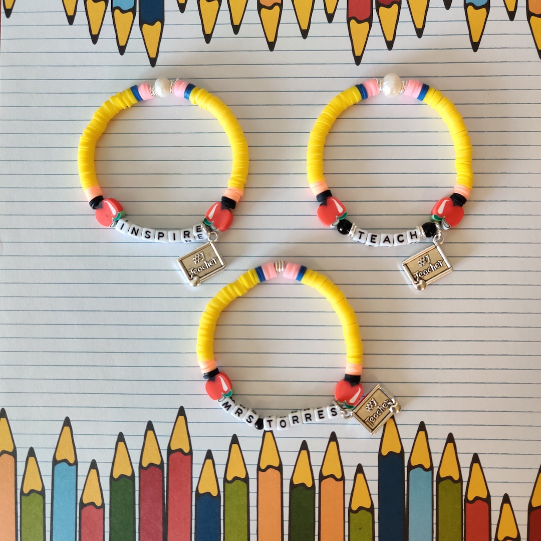 Teacher Pencil Bracelet / Heishi Bracelet / Personalized Bracelet /beaded Bracelet / Name ...