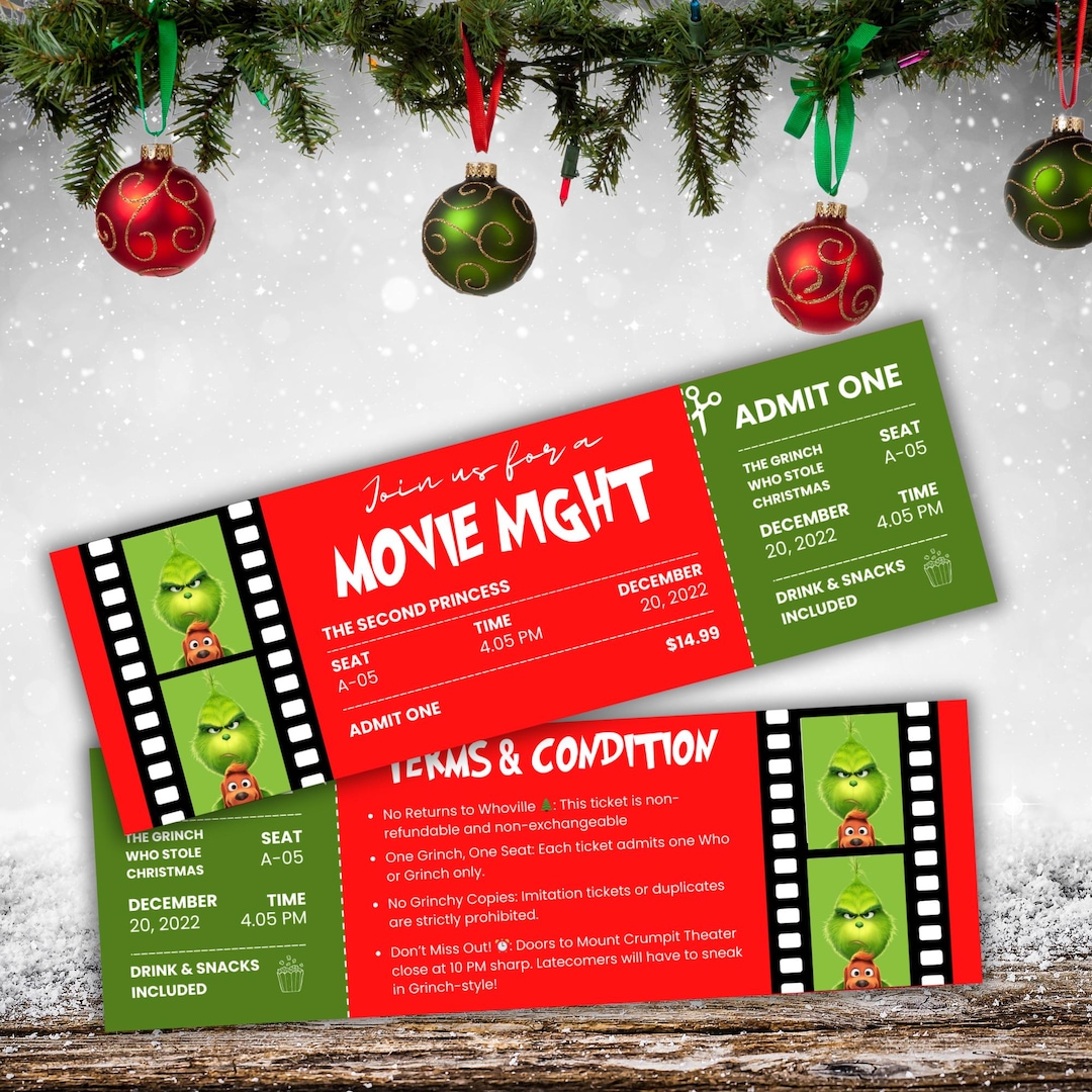 Grinch Movie Ticket Template - Editable Canva Movie Ticket, Movie Night ...