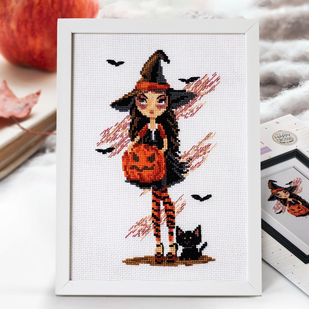 Witch Cross Stitch Pattern: Halloween Embroidery Decor, Whimsical ...
