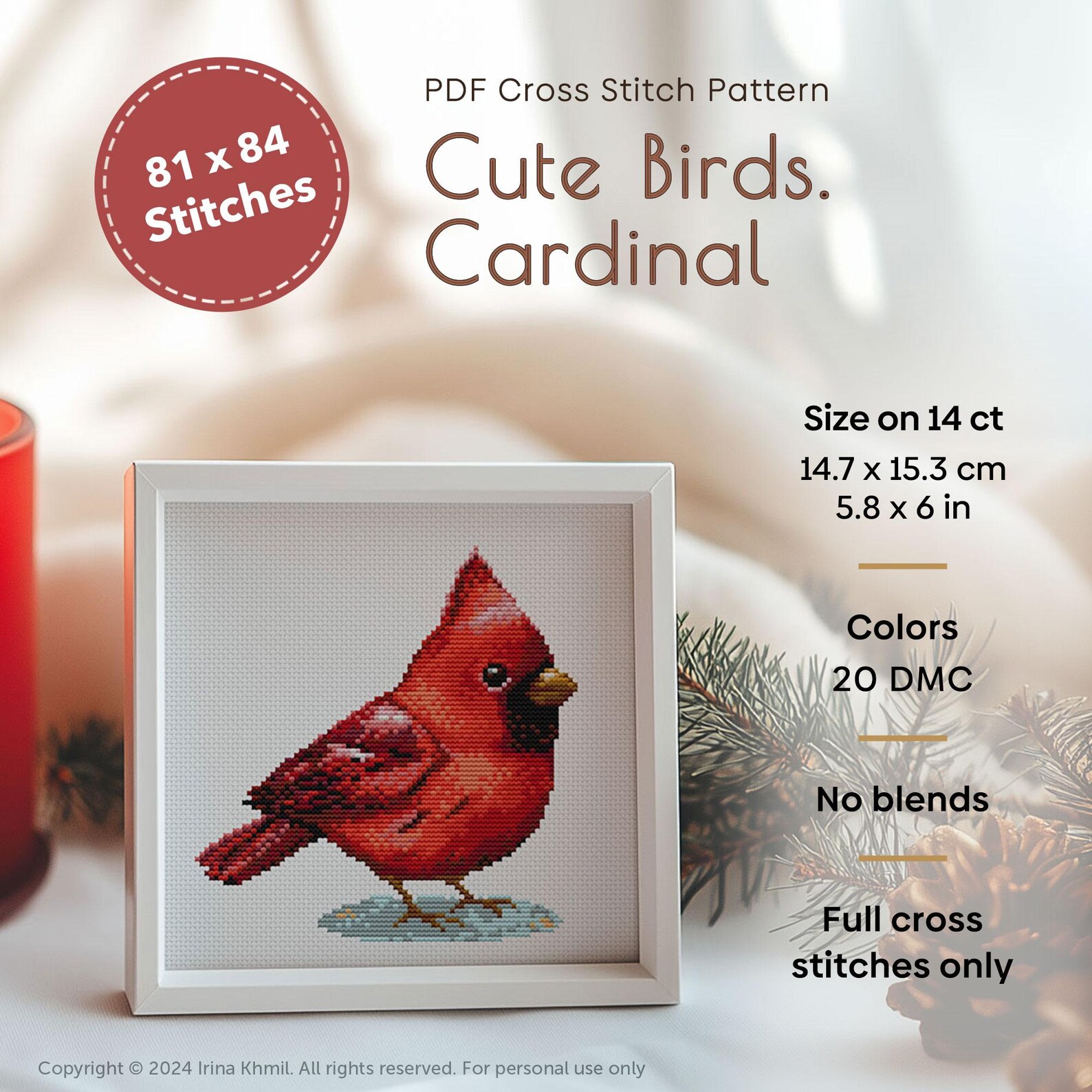 Cute Bird Cross Stitch Pattern PDF. Cardinal - Adorable Small Cross ...