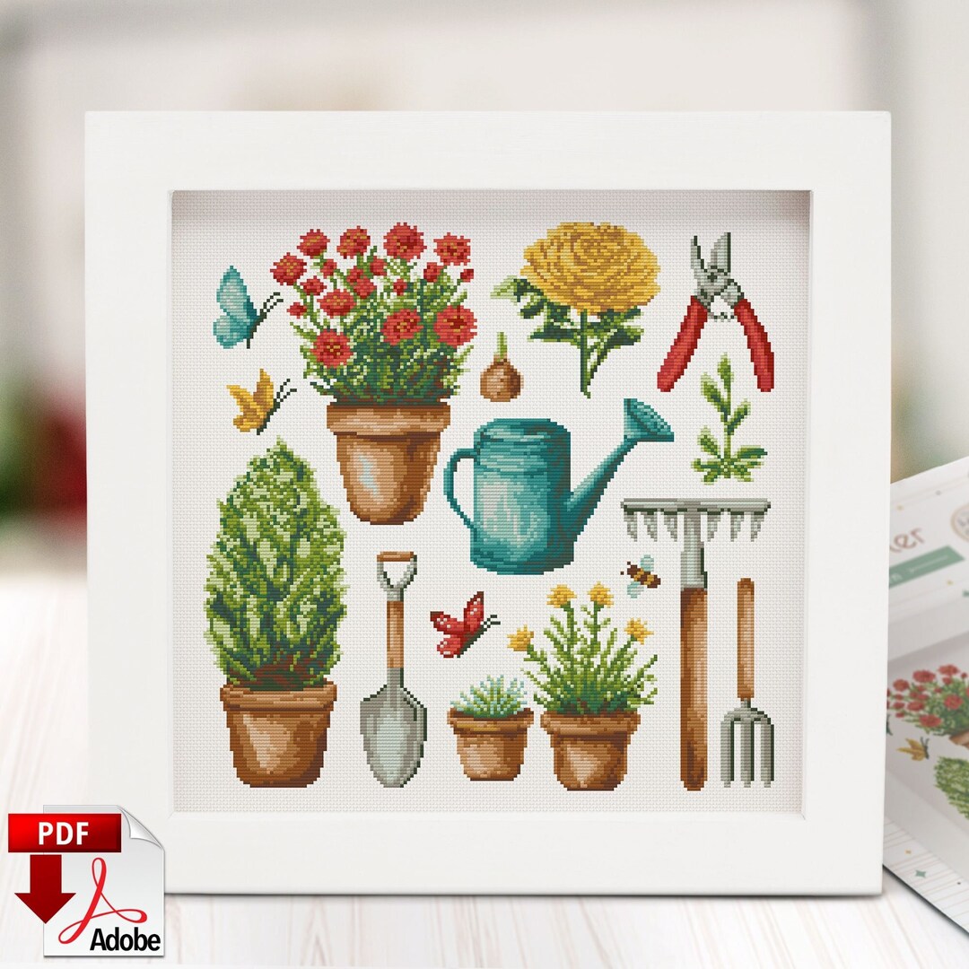 Garden Sampler Cross Stitch Pattern: Tools & Flowers (PDF) - Etsy