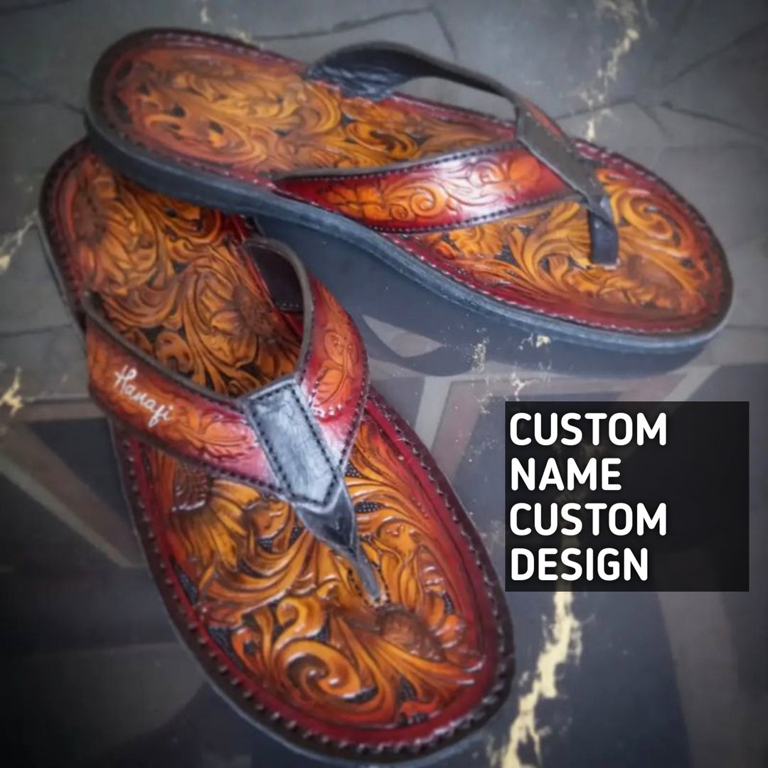 Handmade Leather Sandals Custom Engraving Name and Custom Design for ...