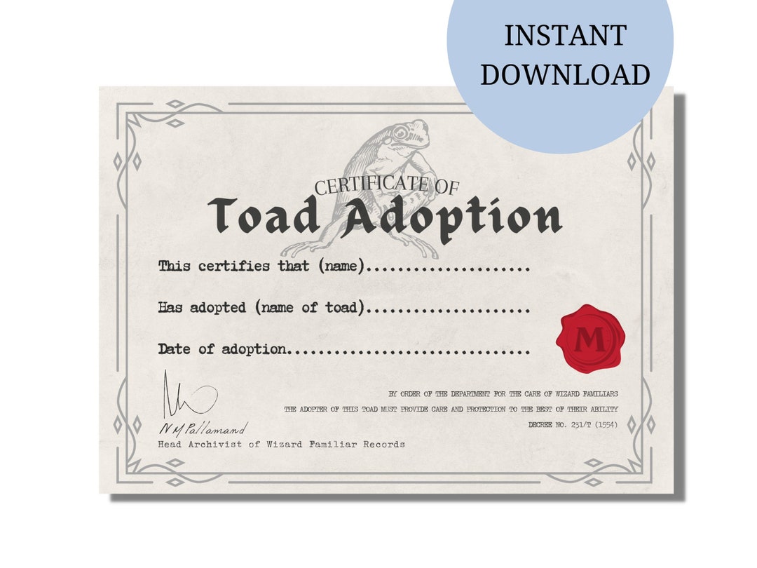 Toad Adoption Certificate Printable Digital Download Magical Party ...
