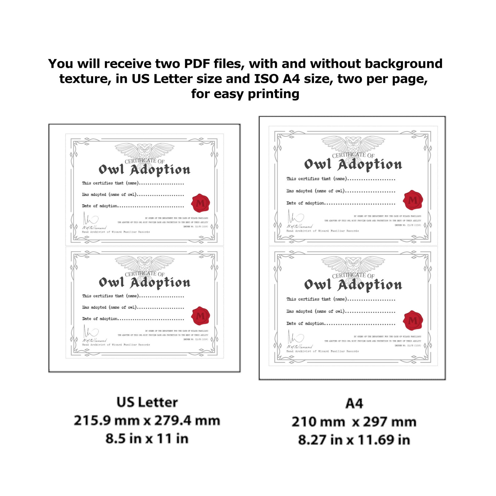 Owl Adoption Certificate Printable Digital Download | Etsy