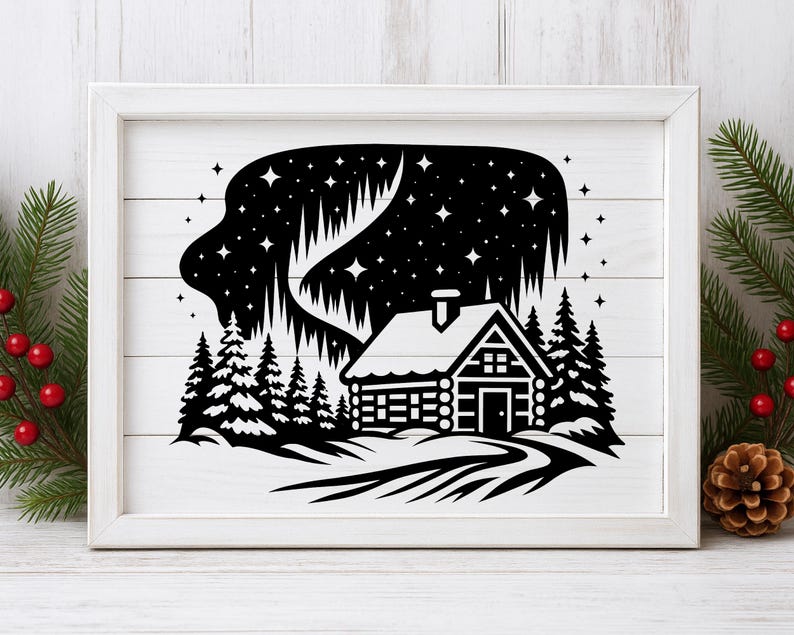 Winter Cabin Northern Lights SVG PNG DXF, Rustic Log House Silhouette ...