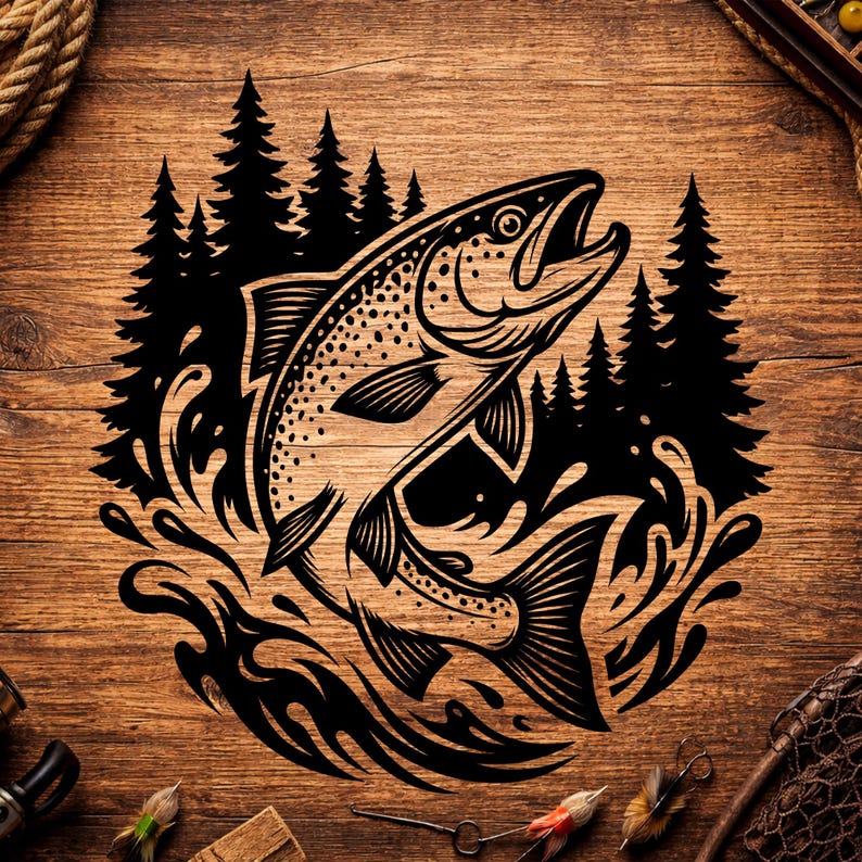 Salmon Fish Clipart Vector SVG PNG DXF Eps Cut Files, Leaping Trout ...