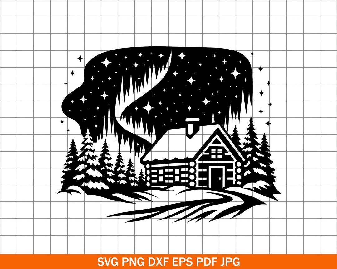 Winter Cabin Northern Lights SVG PNG DXF, Rustic Log House Silhouette ...