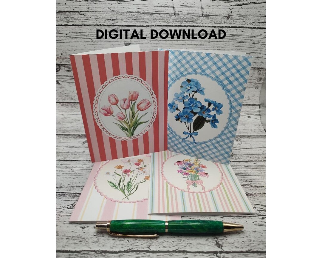 Printable Notecards Set/4, Flower Designs (digital Download), 4X6 In ...