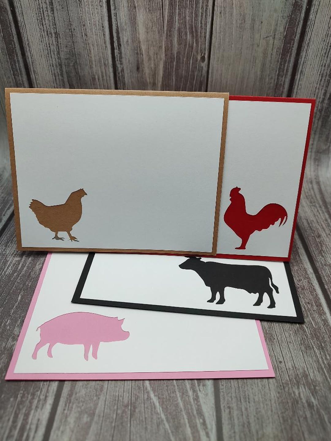 Farm Animal Note Cards - Set of 4 - Blank Inside - Cow, Pig, Rooster ...