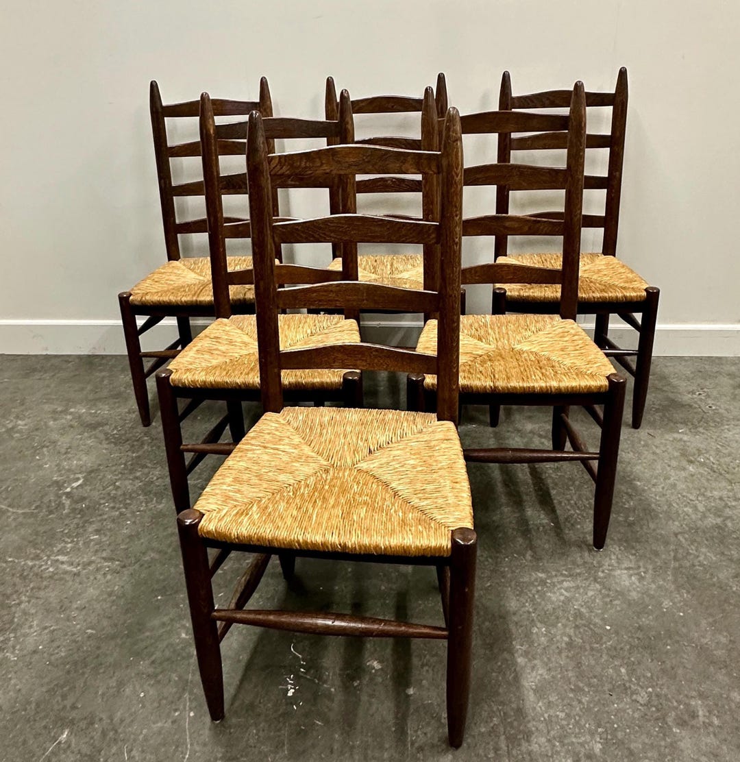 Set of 6 French Primitive Shaker Style Oak Farmhouse Country Ladderback ...