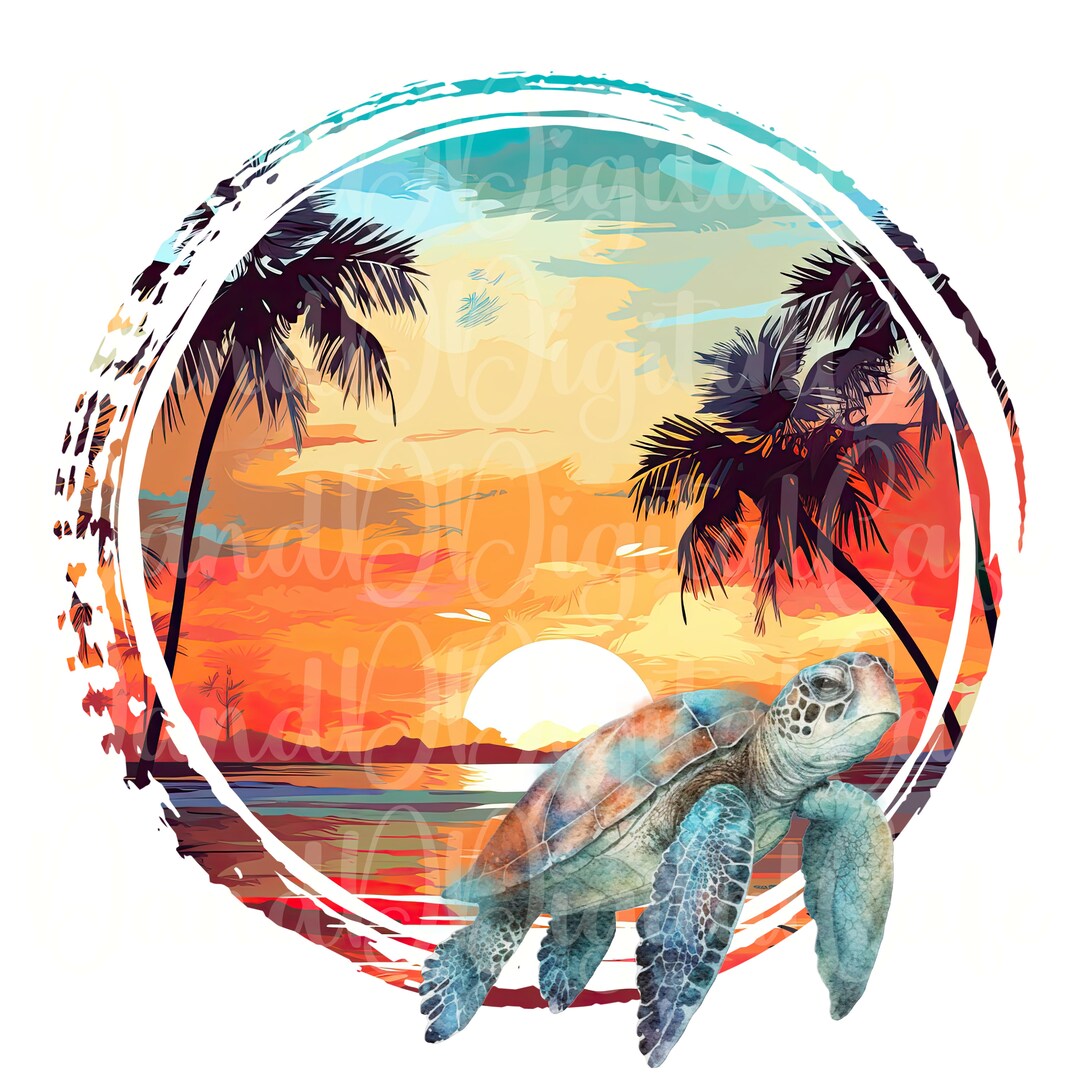 Beach Sunset Sea Turtle Clipart Png Sublimation Design, Summer Palm Png ...