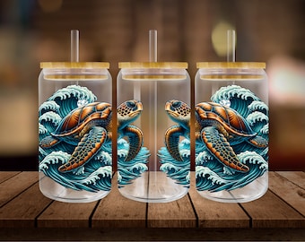 Sea Turtle Glass Can Png, 16 Oz Libbey Glass Can Tumbler Sublimation ...