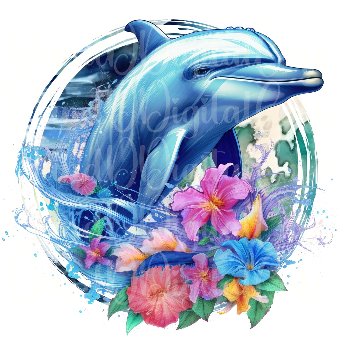 Watercolor Dolphin Flowers Clipart Png, Instant Digital Download ...
