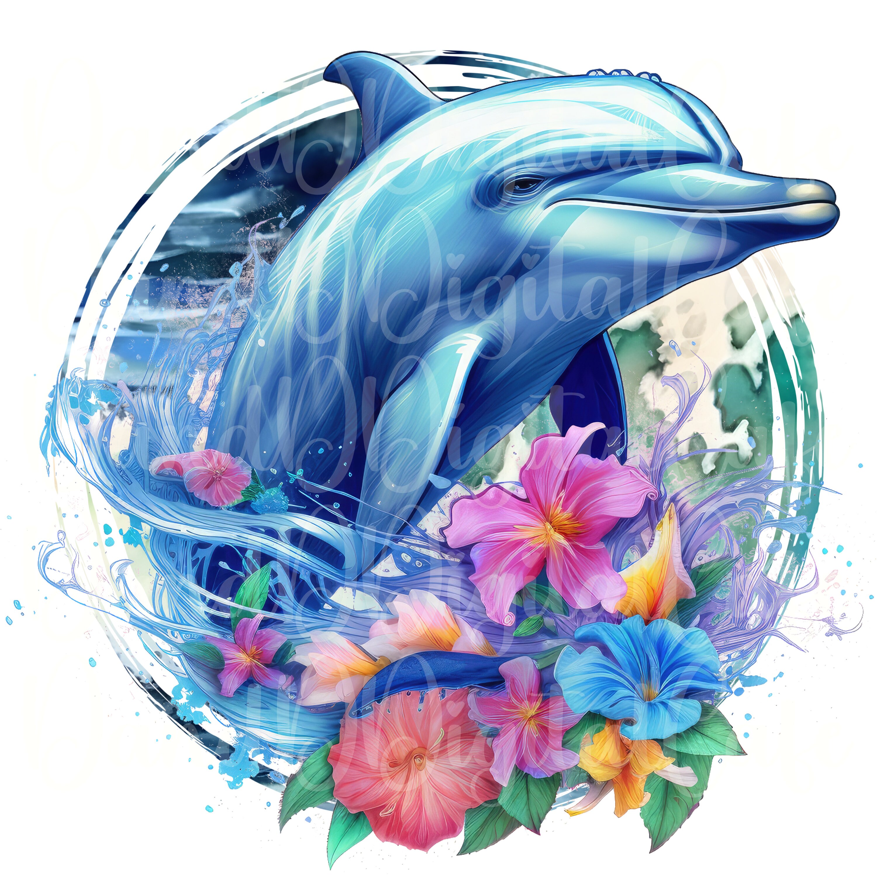 Watercolor Dolphin Flowers Clipart Png Instant Digital - Etsy