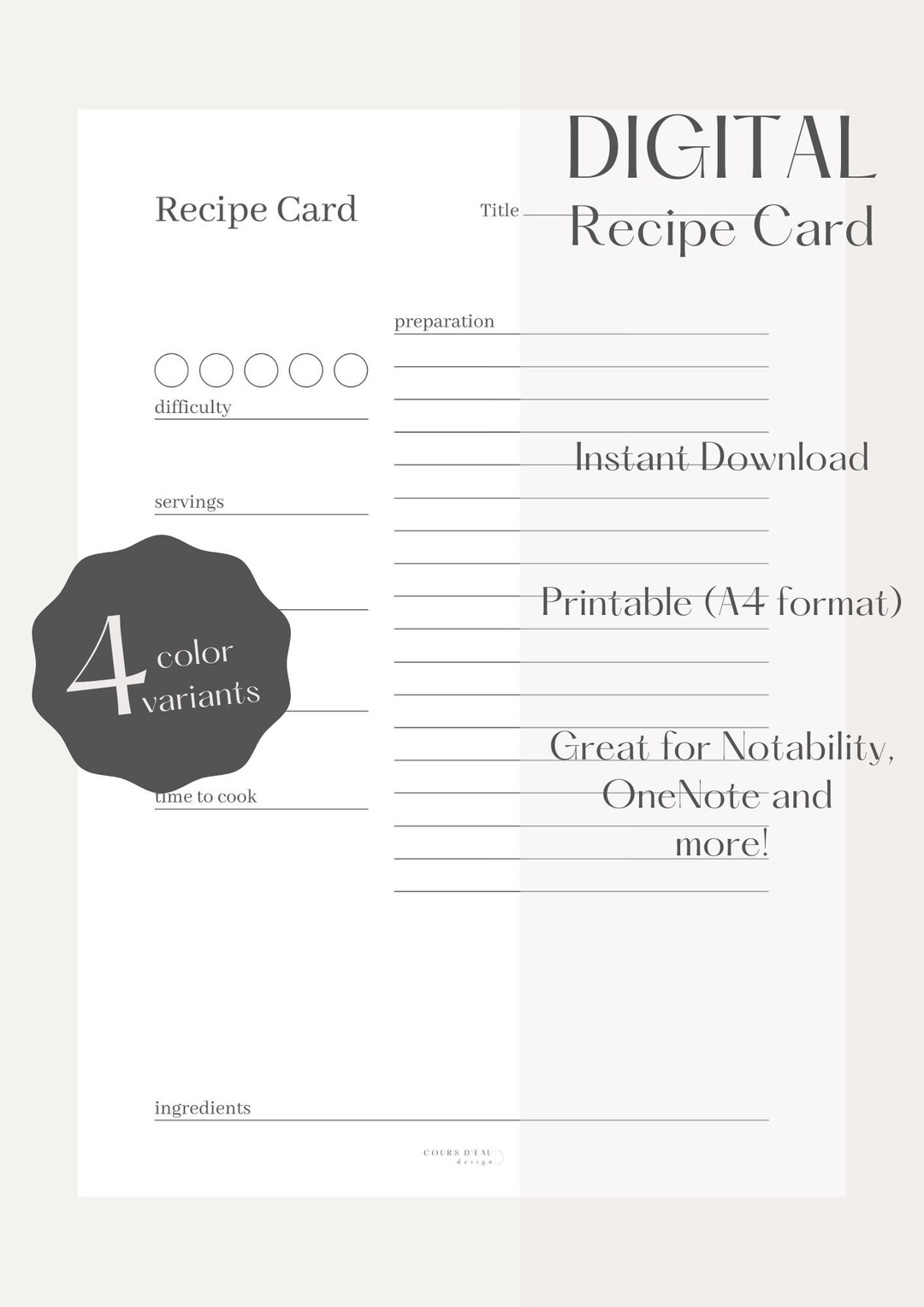 Recipe Card, Instant Download, Printable, PDF - Ricetta, Download ...