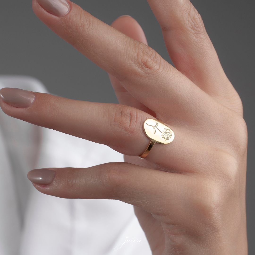 Custom Birth Flower Ring, Birth Month Engraved Ring, Flower Band Ring ...