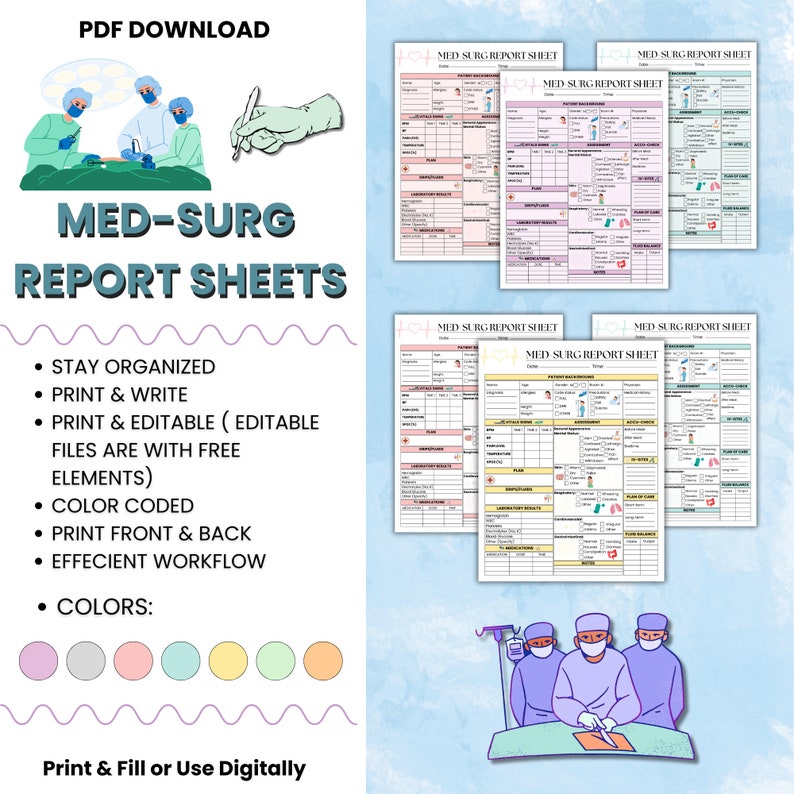 Nursing Report Sheet Med Surg 15 Sheets | Editable & Printable Version ...