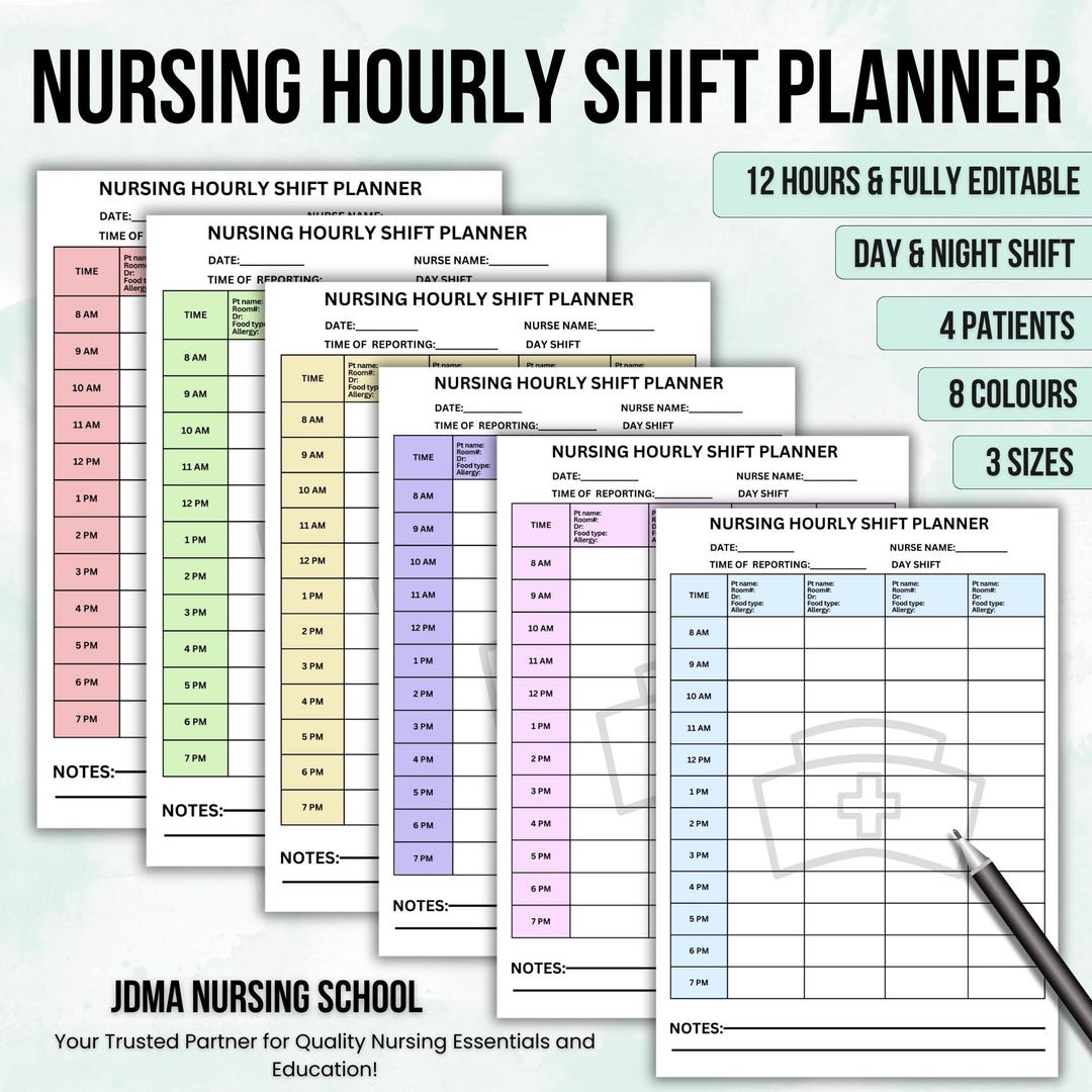 Nurse Hourly Shift Planner Editable | 4 Patient Medication | Report ...