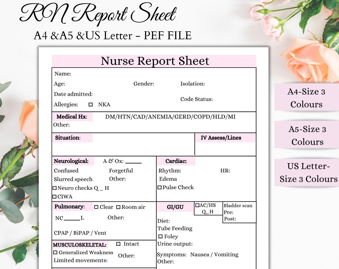 RN Report Sheet | Nrse Rport Seet | Printable Sheets | Nurse Brain ...