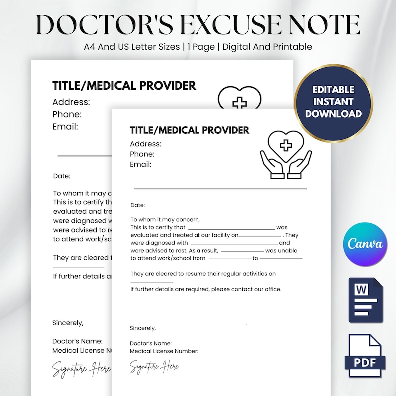 Editable Doctor's Excuse Letter, Excuse Note Template, Medical Excuse ...
