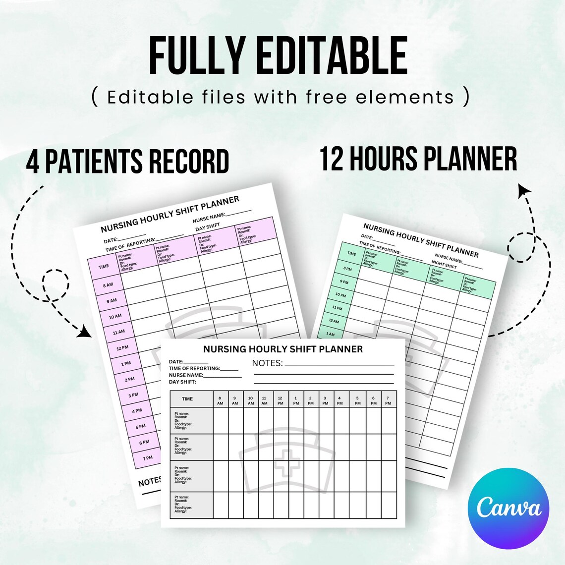 Nurse Hourly Shift Planner Editable | 4 Patient Medication | Report ...