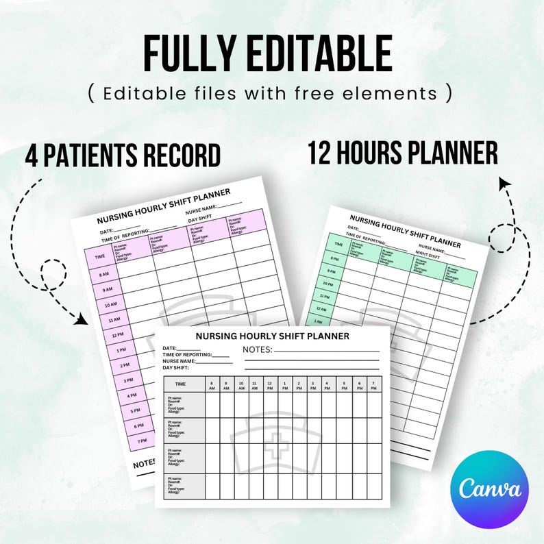 Nurse Hourly Shift Planner Editable | 4 Patient Medication | Report ...