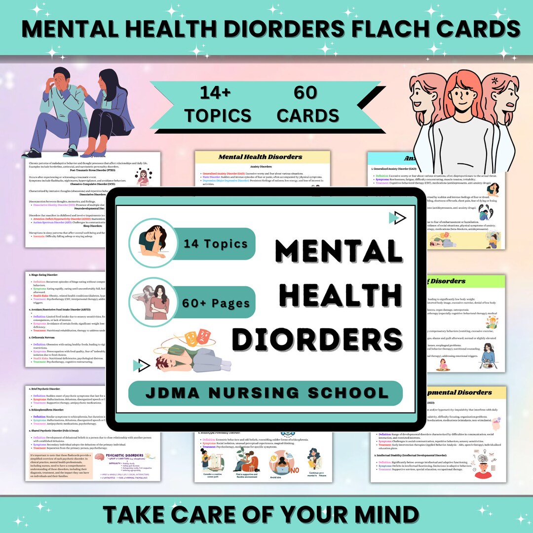 Mental Health Disorder Flash Cards 60 Pages | Study Guide | Nursing ...