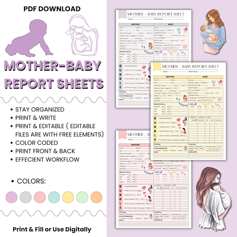 Mother Baby Report Sheet | 15 Pages Printable or Editable | Nurse ...