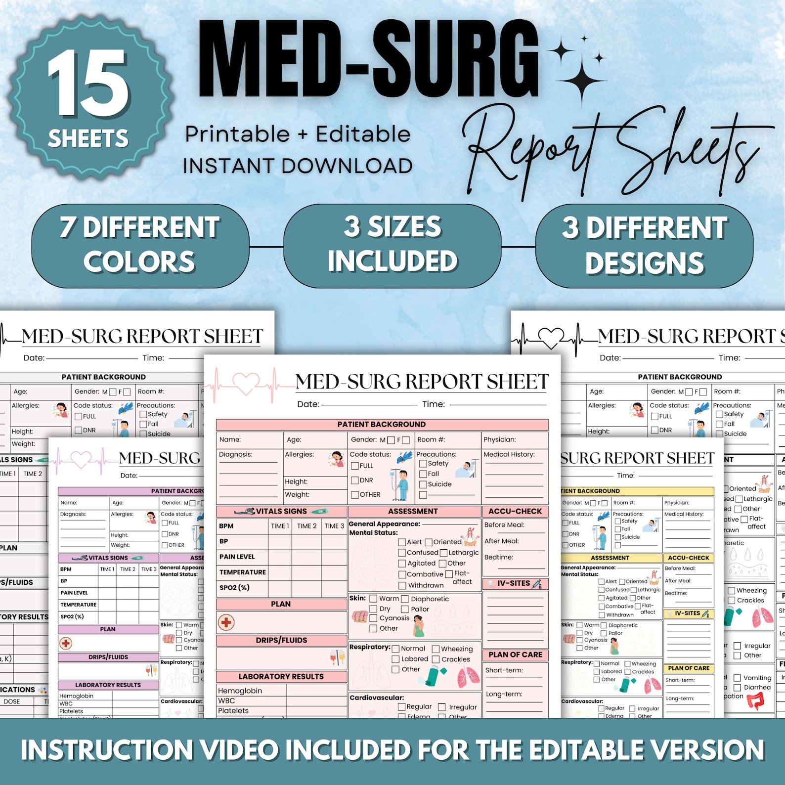 Nursing Report Sheet Med Surg 15 Sheets | Editable & Printable Version ...