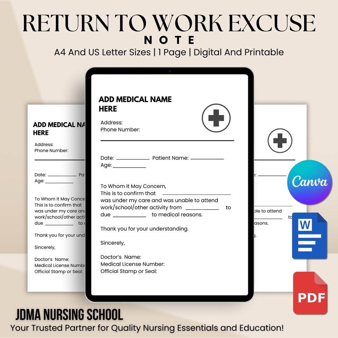 Editable Return to Work Note, Return to Work Form, Work Absence Note ...