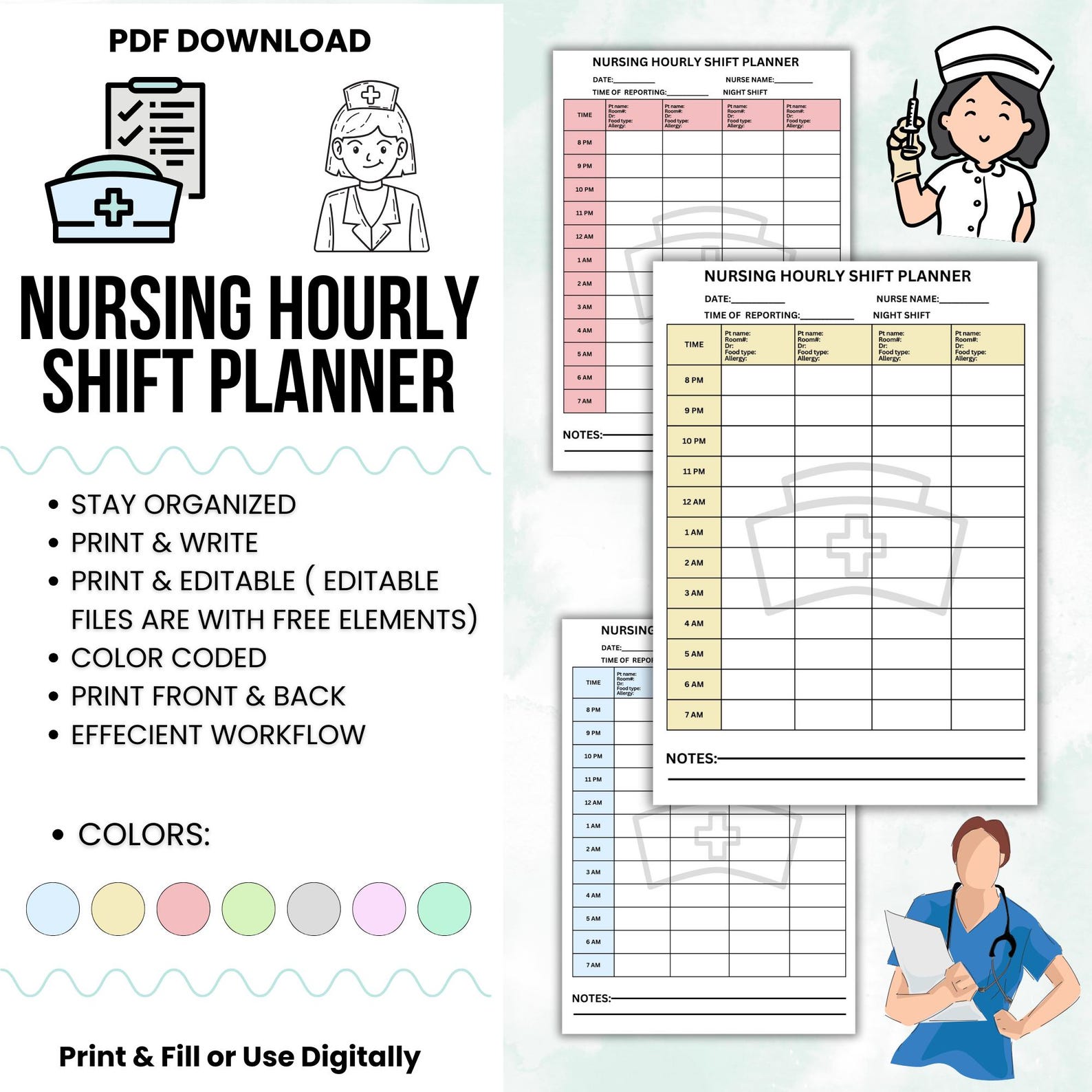 Nurse Hourly Shift Planner Editable | 4 Patient Medication | Report ...