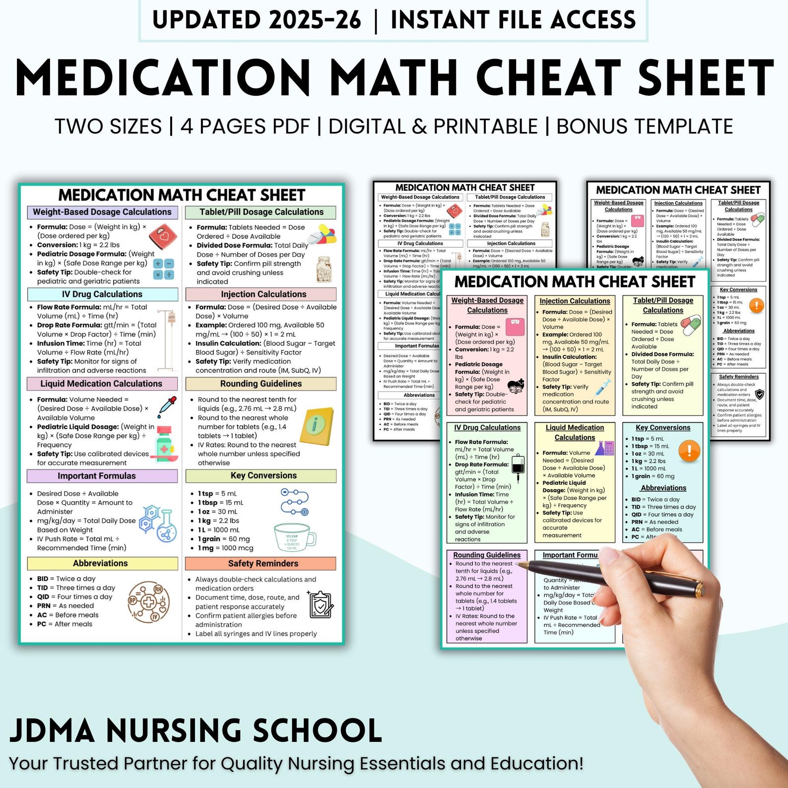 Medication Math Cheat Sheet, Bonus Medication Log, Weight Based Dosage ...