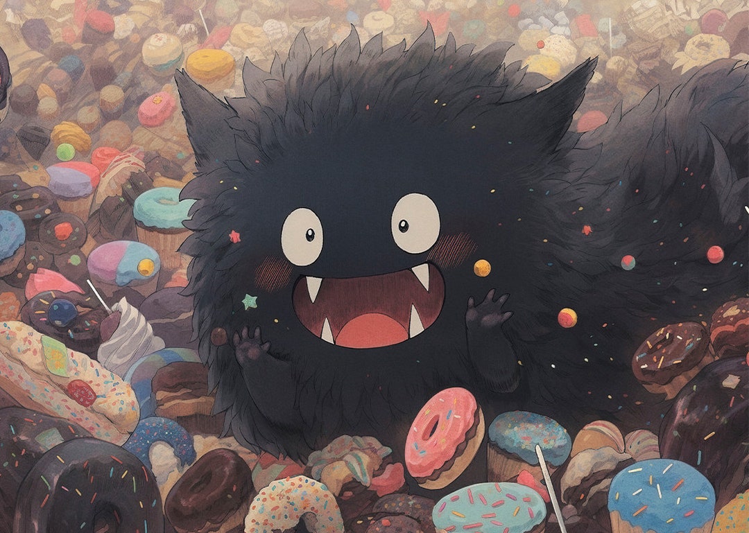 Printable Anime Art, Watercolor Soot Sprite Eating Candy, Painting for ...