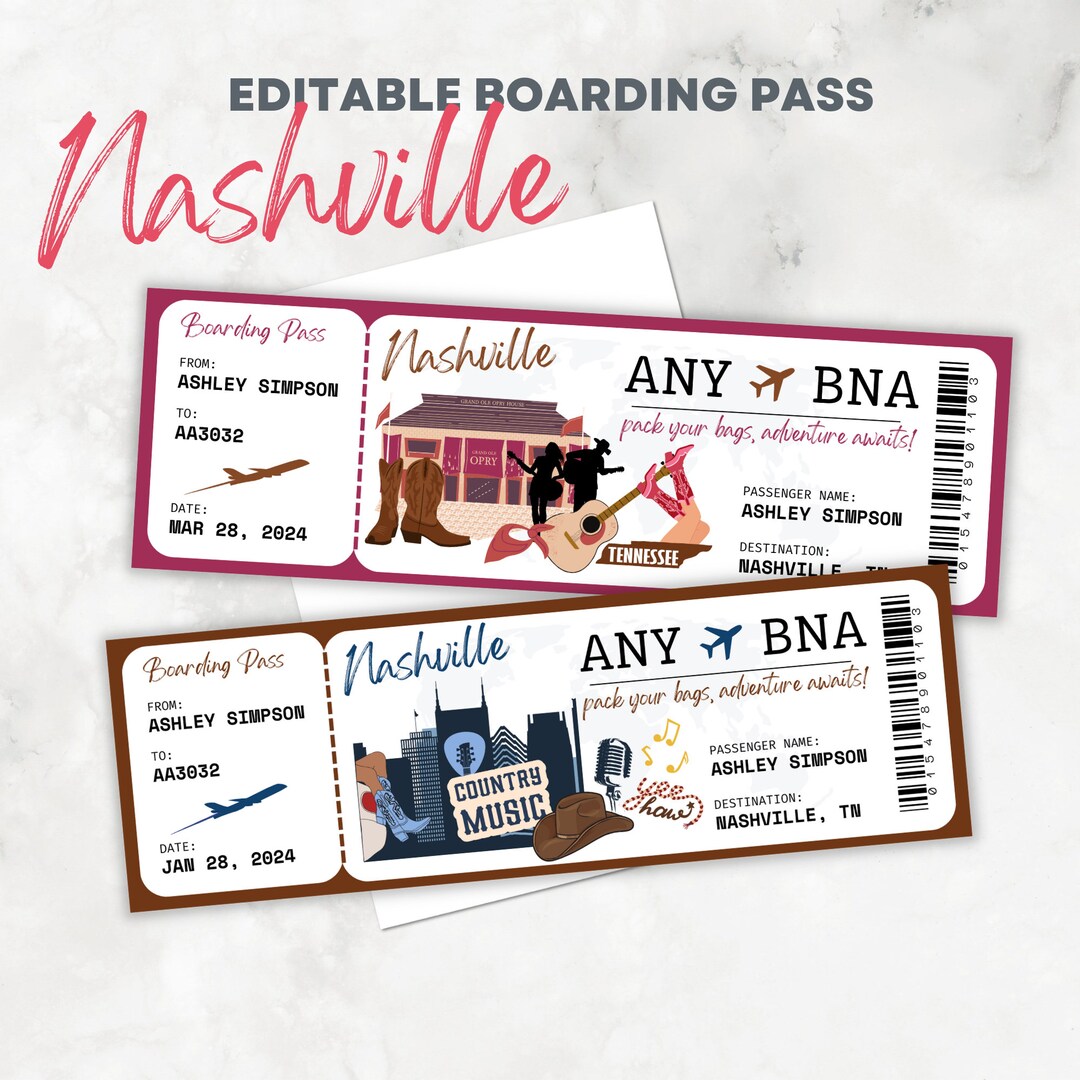 Editable and Printable Boarding Pass Nashville Surprise Trip Tennessee ...