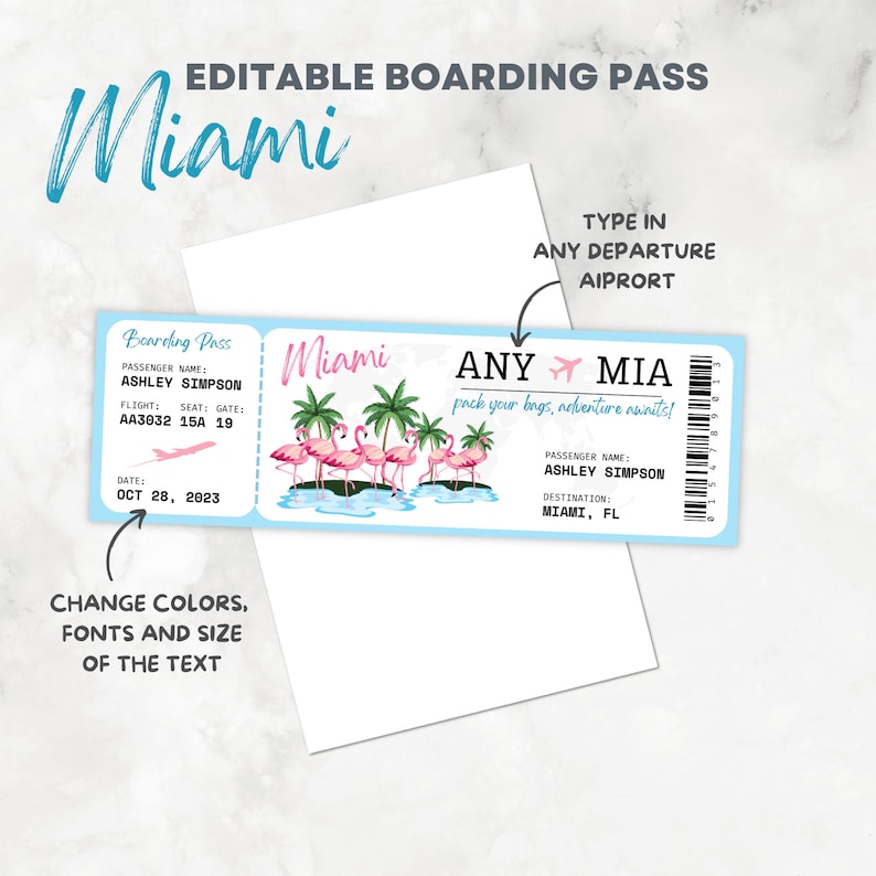 Editable and Printable Boarding Pass Miami Surprise Trip Florida ...