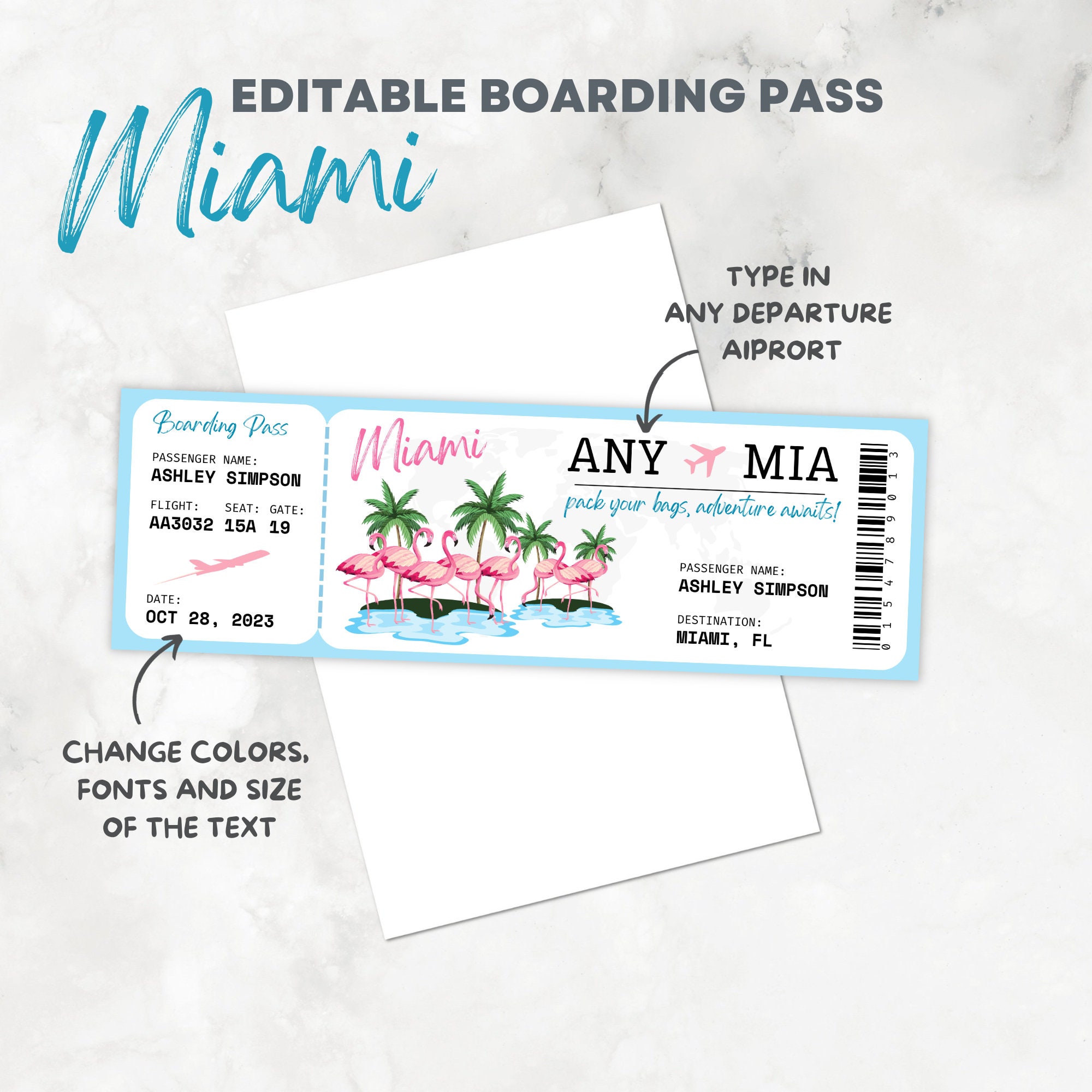 Editable and Printable Boarding Pass Miami Surprise Trip Florida ...