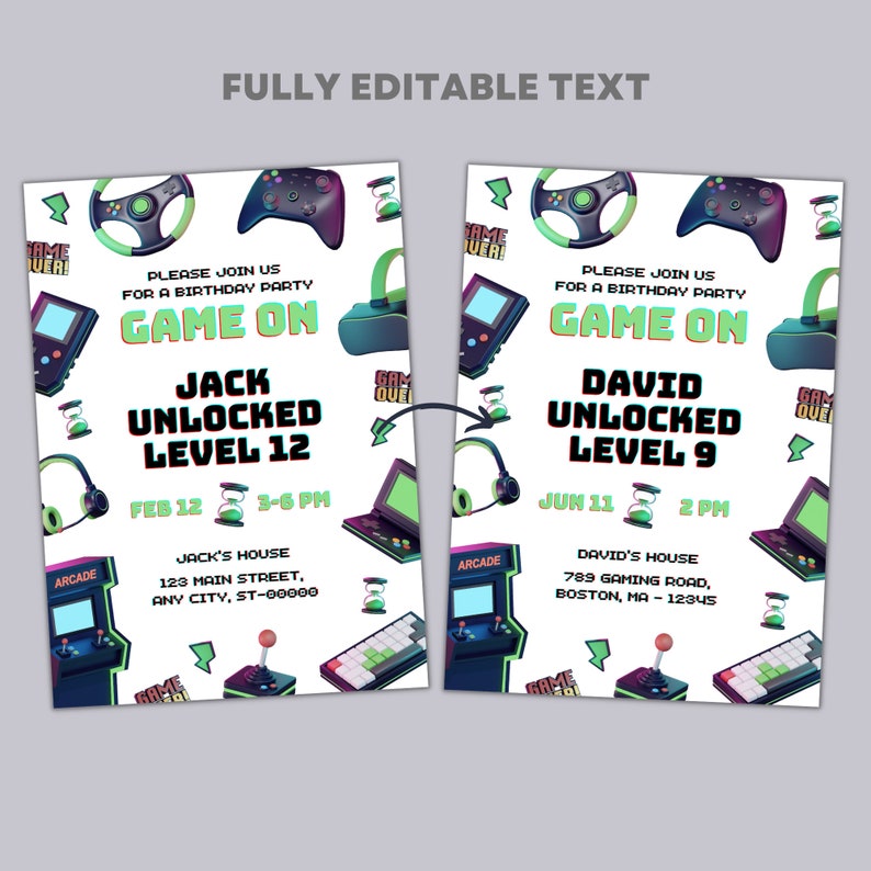 GAME ON Birthday Party Invitation Gaming Theme Kids Party Arcade Video ...