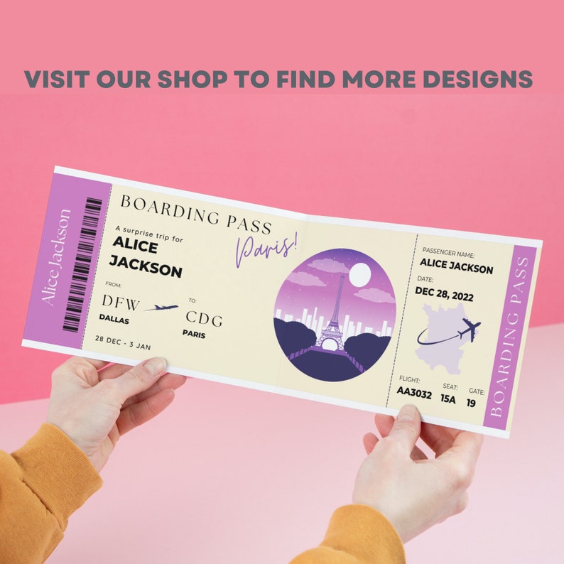 Editable and Printable Boarding Pass Paris Surprise Trip France ...