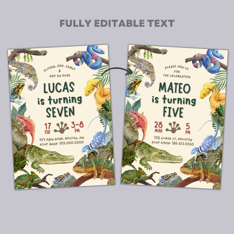 Reptile Birthday Invitation Template Lizard Snake Chameleon Kids Party ...