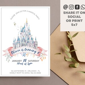 Princess Castle Birthday Invitation Magical Kingdom Kids Party ...