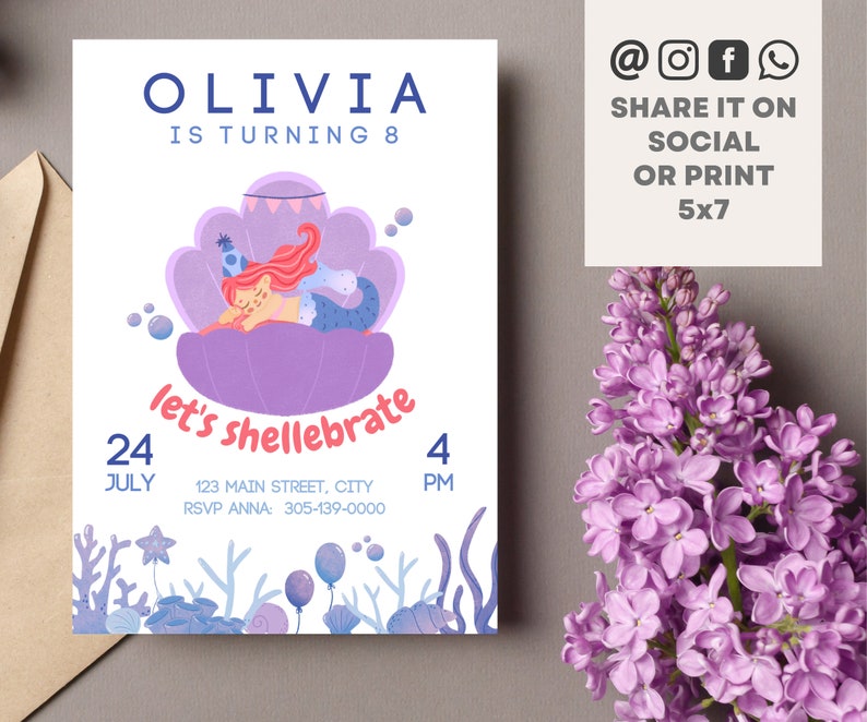 Let's Shellebrate Birthday Invitation | Mermaid Party Invite | Editable ...