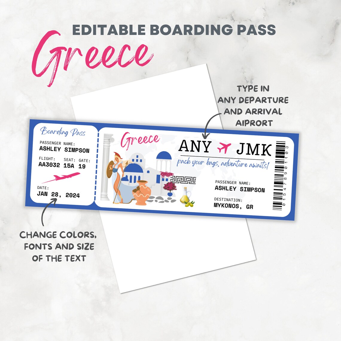 Editable and Printable Boarding Pass GREECE Surprise Trip Mykonos ...