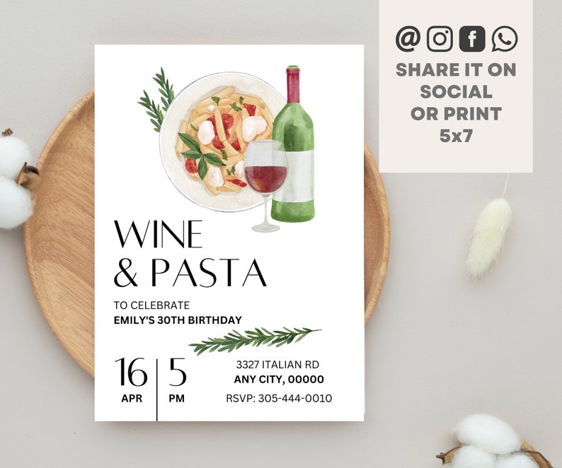 Pasta and Wine Birthday Party Invitation | Italian Dinner Housewarming ...