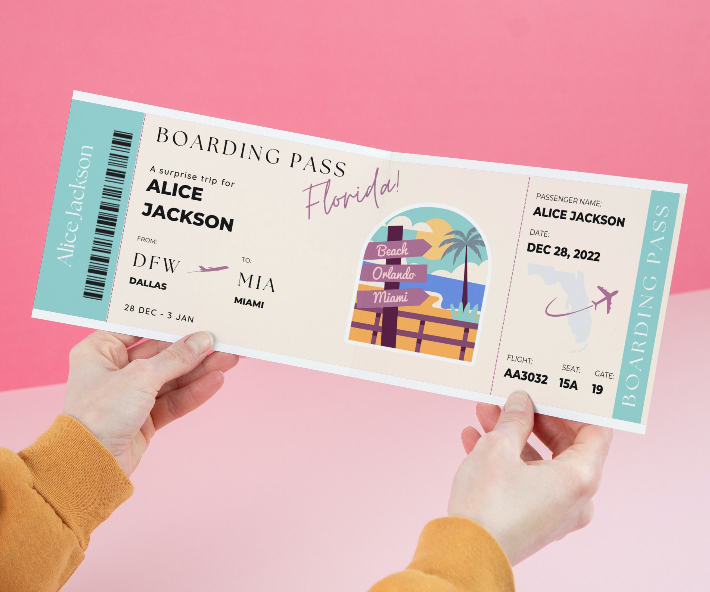 Boarding Pass Florida, Surprise Ticket Miami, Vacation Trip Orlando ...