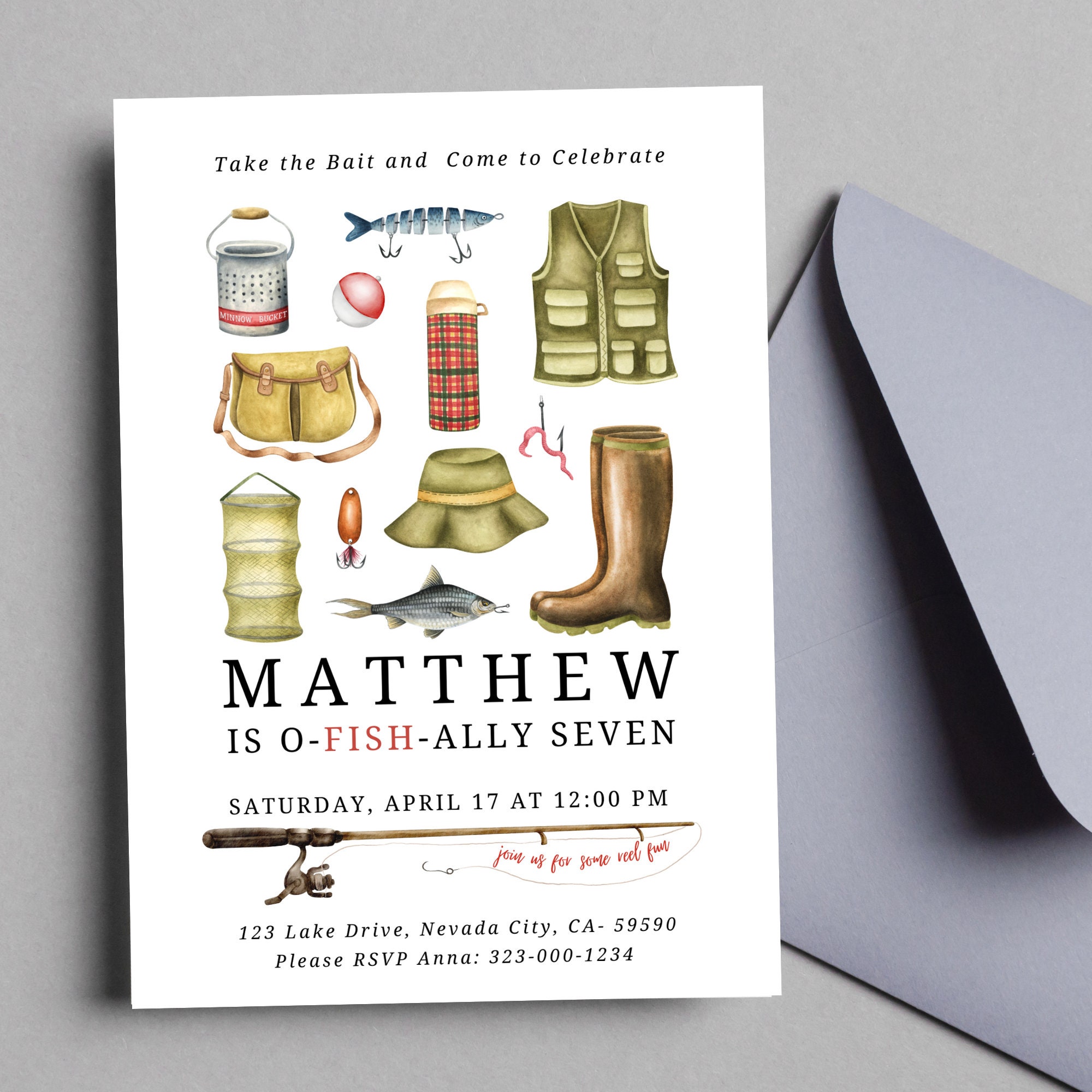 Fishing Birthday Invitation Template Fisherman Kids Party Theme ...