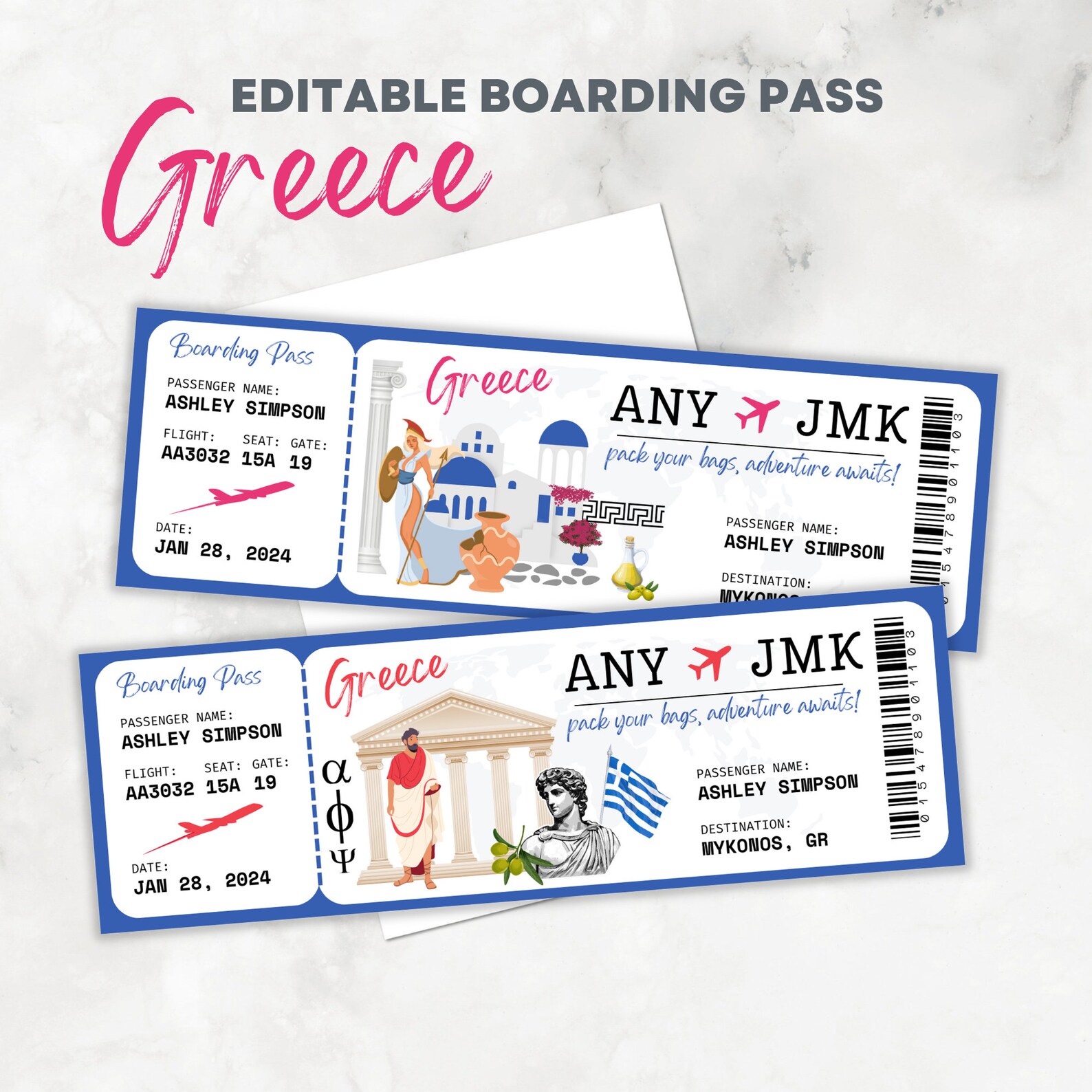 Editable and Printable Boarding Pass GREECE Surprise Trip Mykonos ...