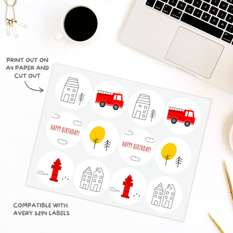 Fire Truck Cupcake Toppers Firefighter Theme Round Labels Emergency ...