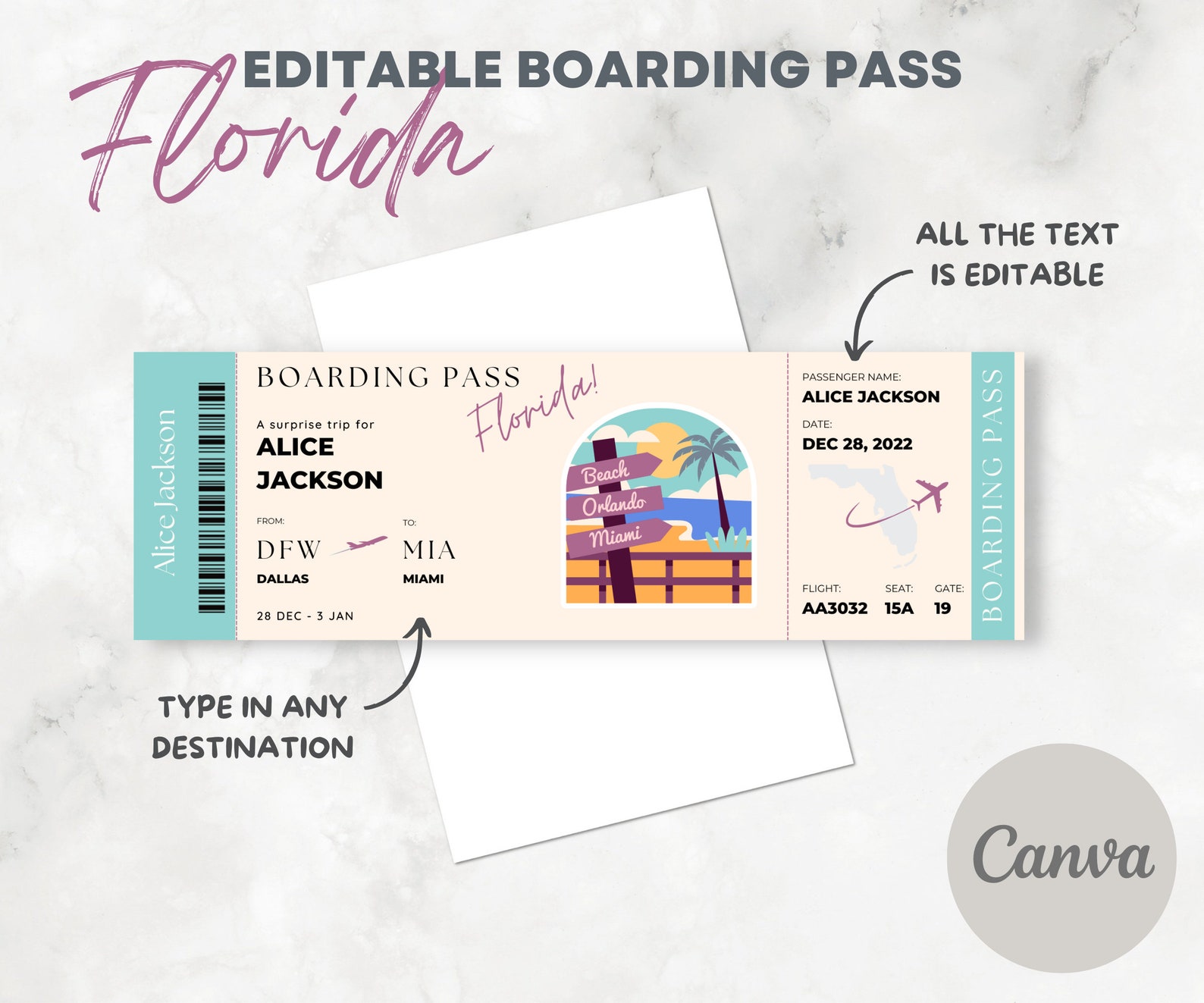 Boarding Pass Florida, Surprise Ticket Miami, Vacation Trip Orlando ...